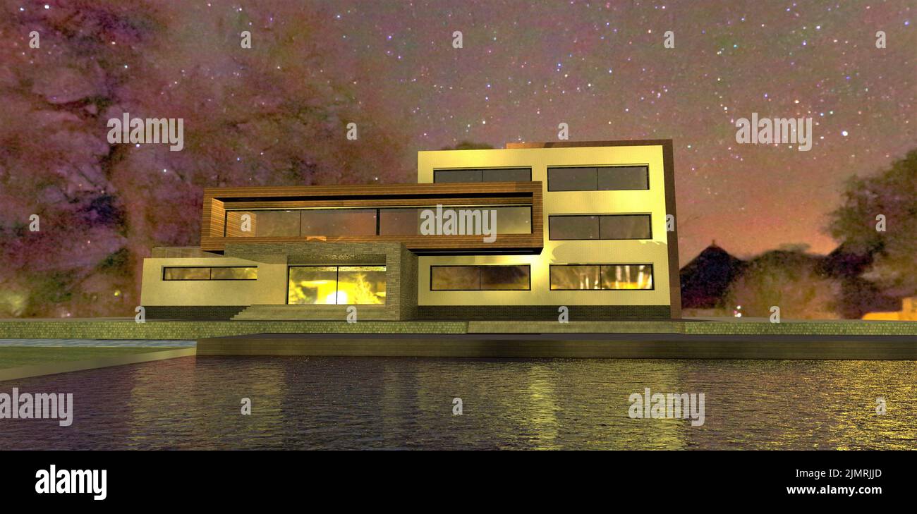 Wonderful magical night. Modern three-story advanced house on the lake ...