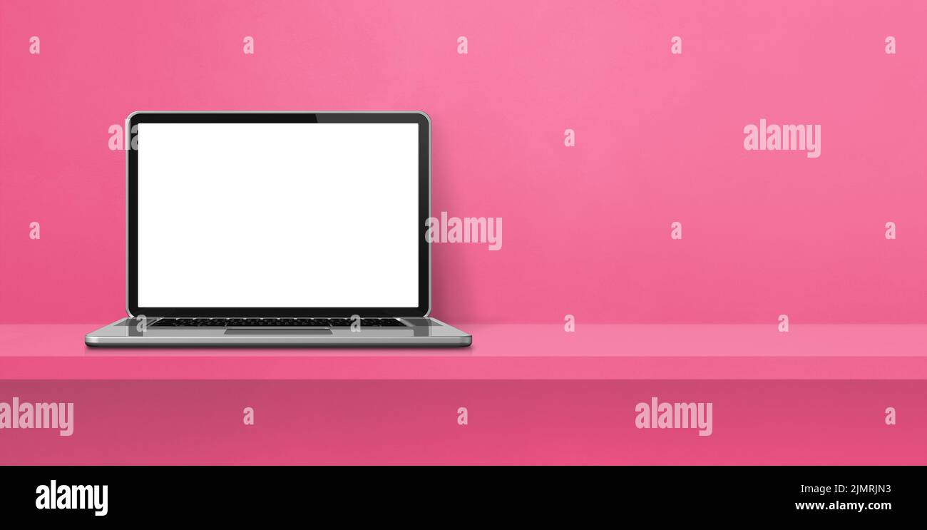 Laptop computer on pink shelf background banner Stock Photo - Alamy