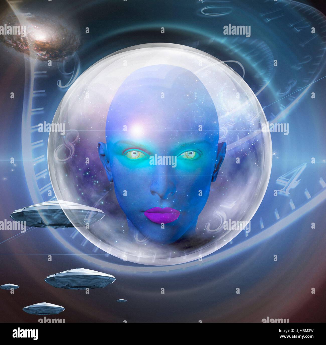 Blue female face. Abstract universe with spirals of time and flying ...