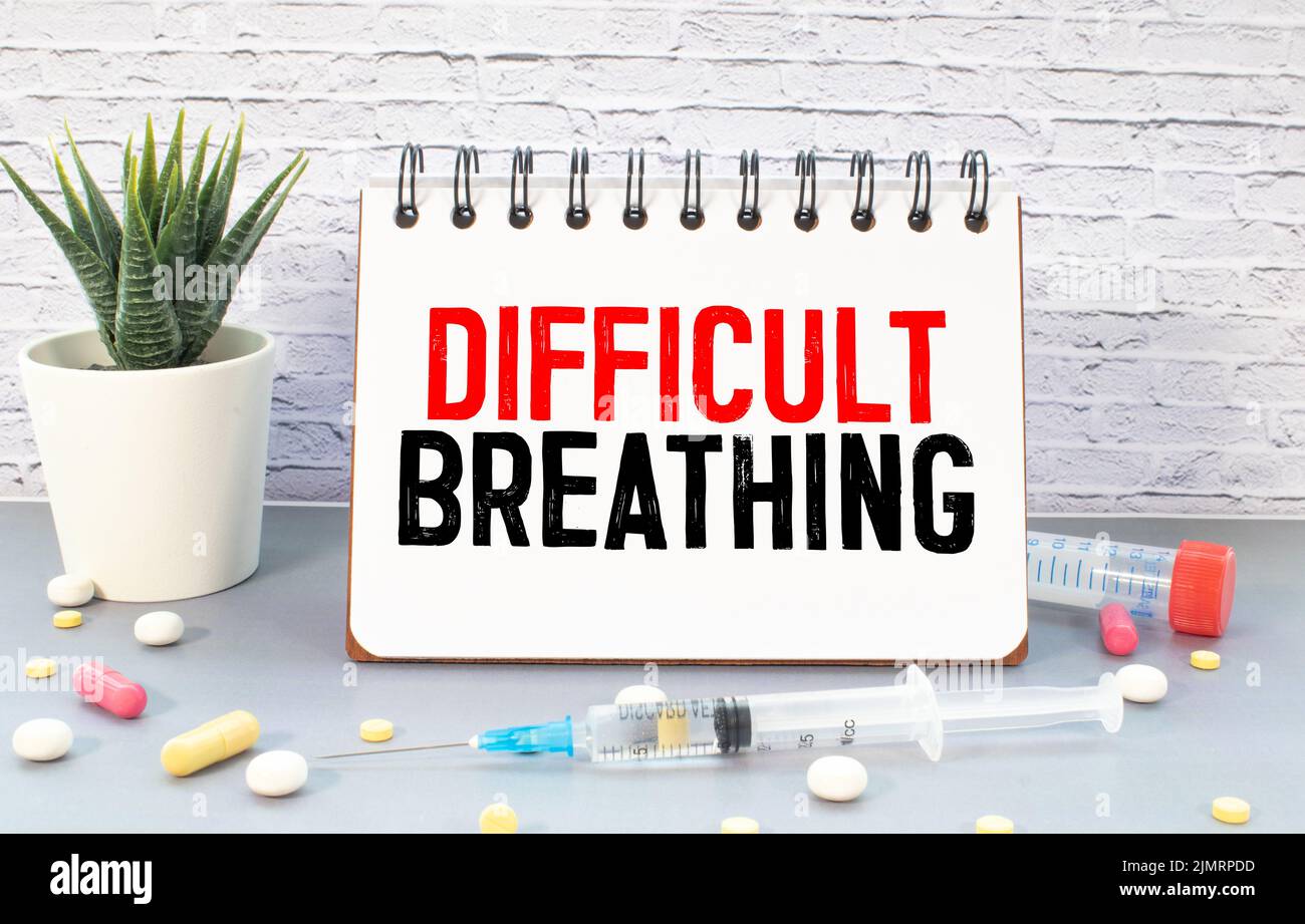 Difficulty breathing - the word is written on a wooden board. Shortness ...