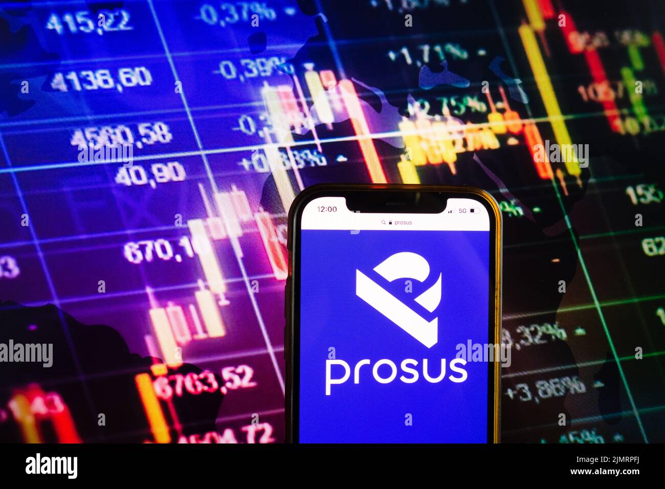 KONSKIE, POLAND - August 07, 2022: Smartphone displaying logo of Prosus NV company on stock ...