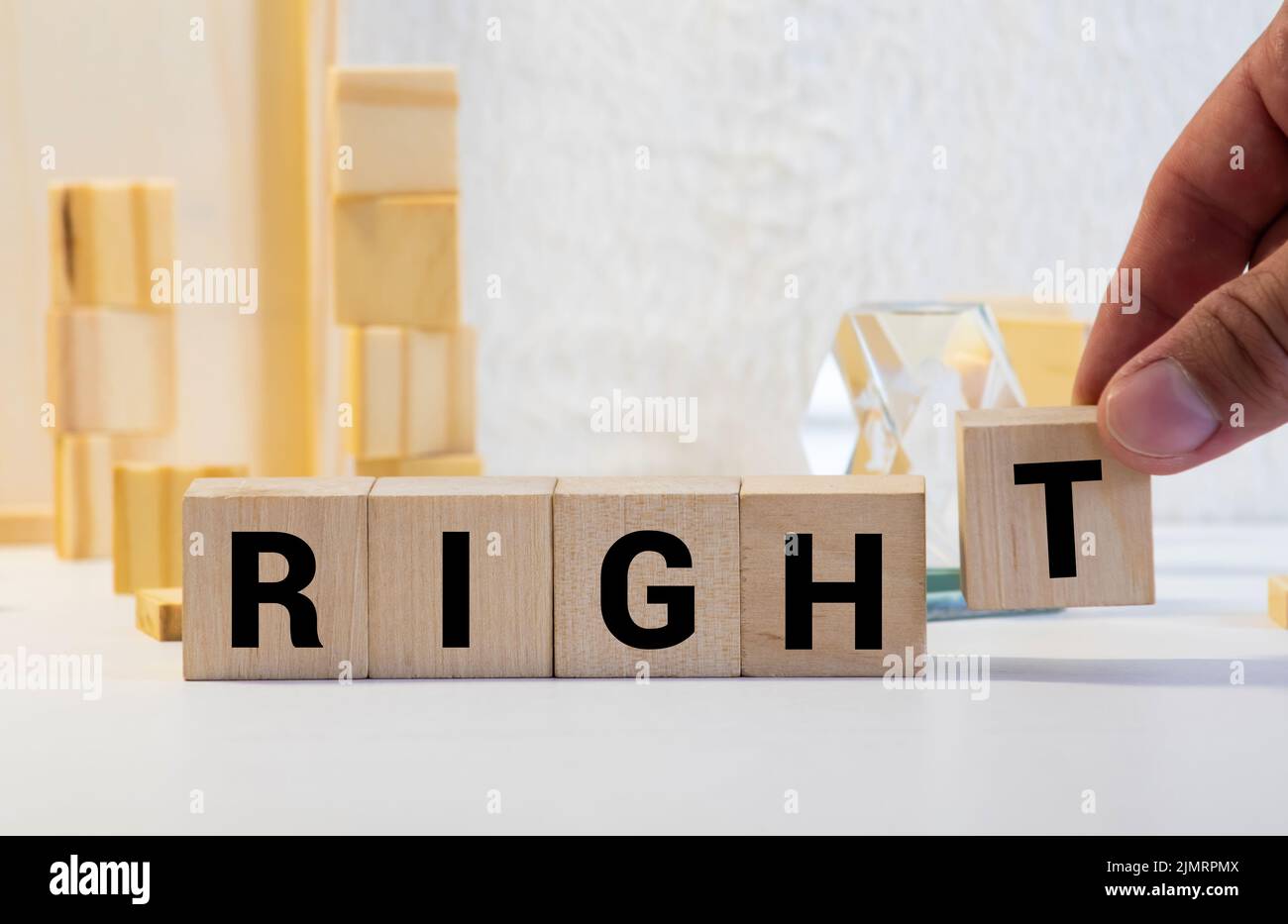 Letter block in word right on wood background Stock Photo - Alamy