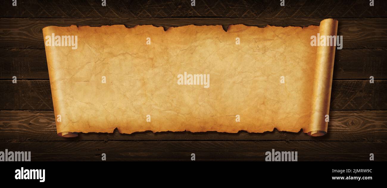 Old paper horizontal banner. Parchment scroll on a wood board Stock ...