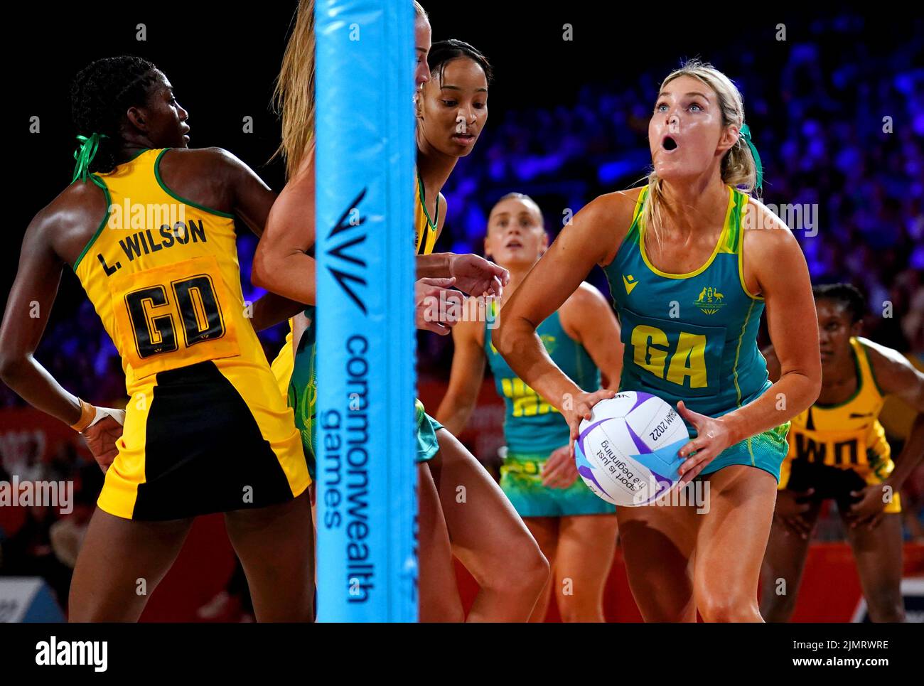 Australia's Gretel Bueta (right) in action during the Netball Gold ...