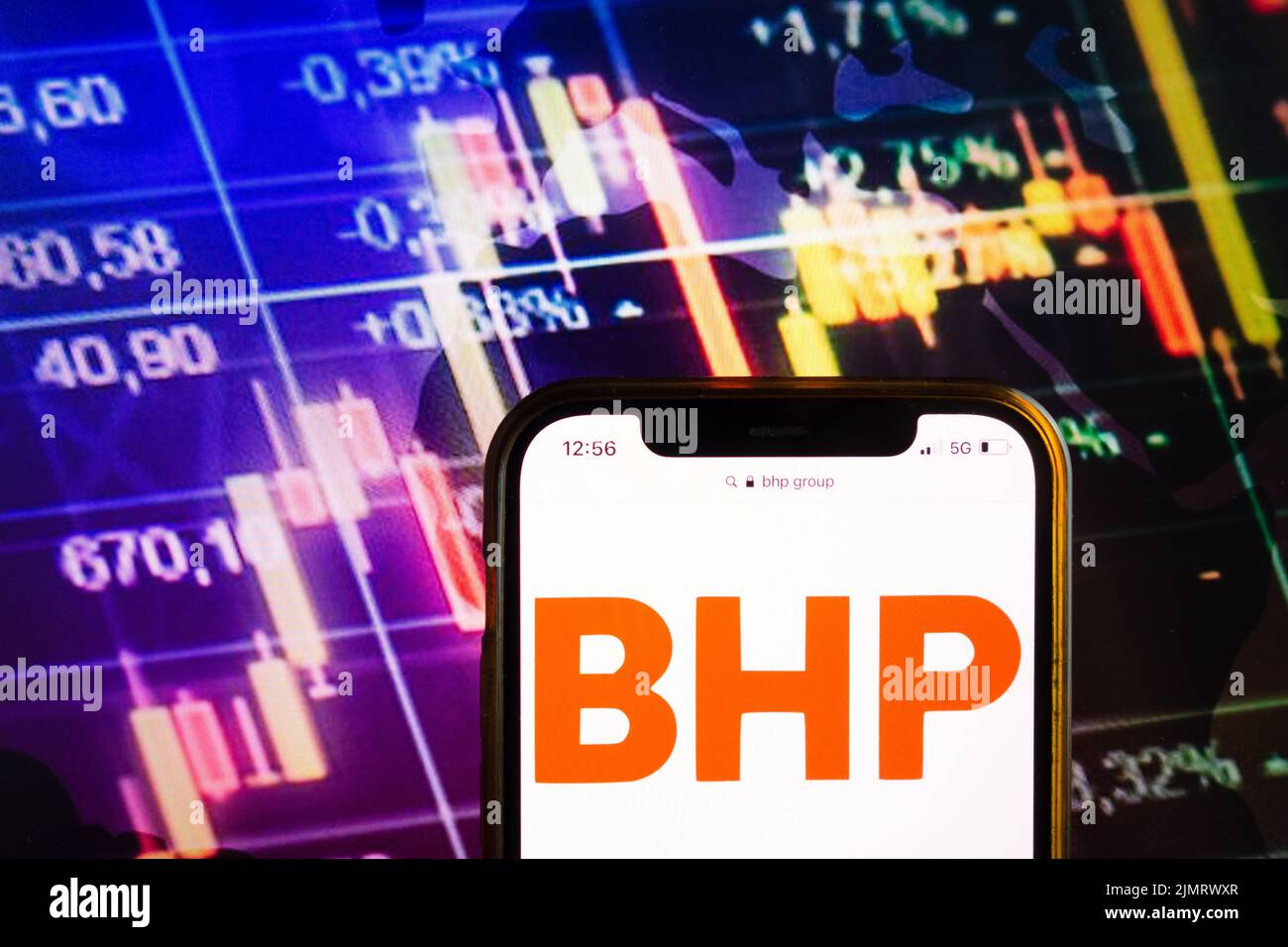 KONSKIE, POLAND - August 07, 2022: Smartphone displaying logo of BHP ...