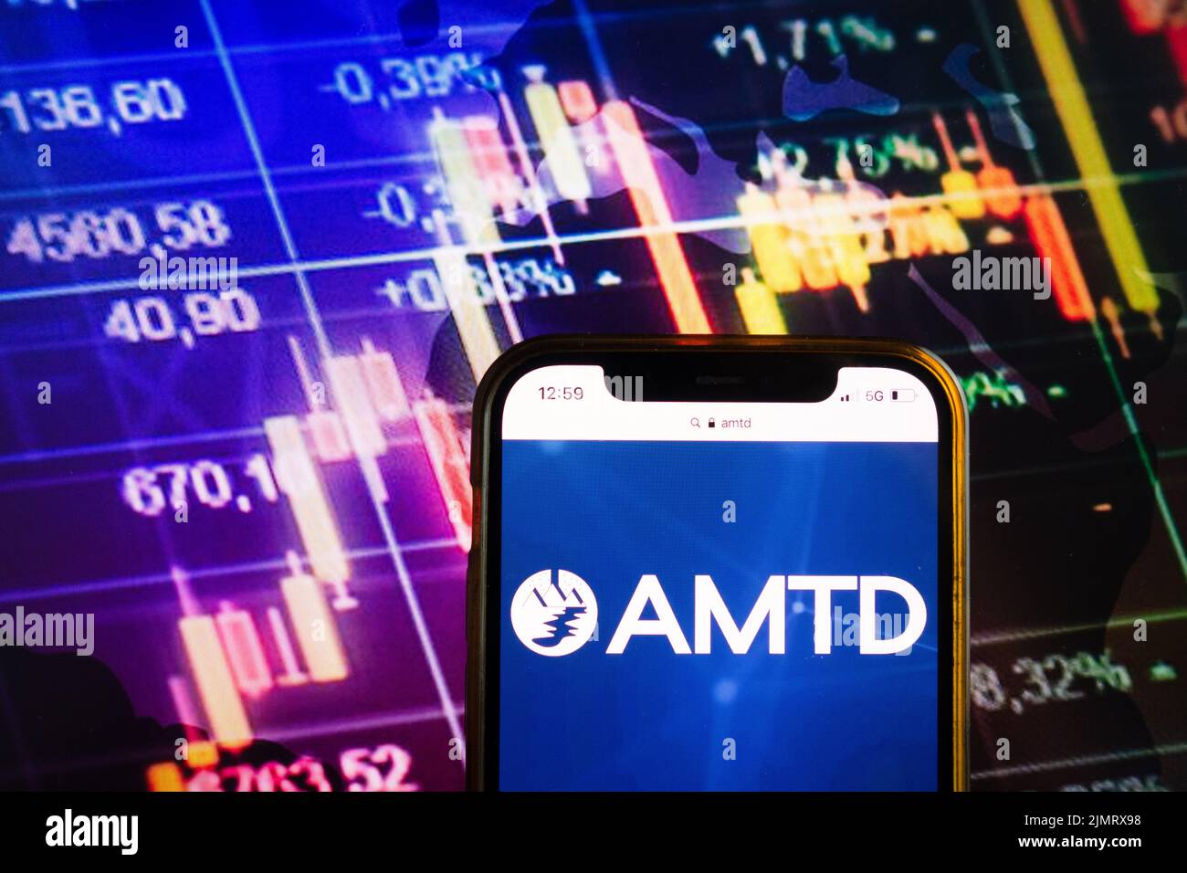 KONSKIE, POLAND - August 07, 2022: Smartphone displaying logo of AMTD ...