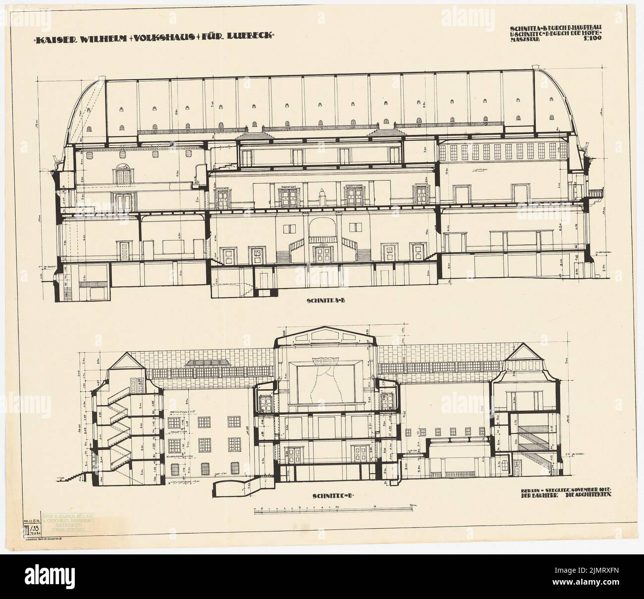 Blunck Erich (1872-1950), Kaiser-Wilhelm-Volkshaus for Lübeck (10.11.1917): cross-sections ...