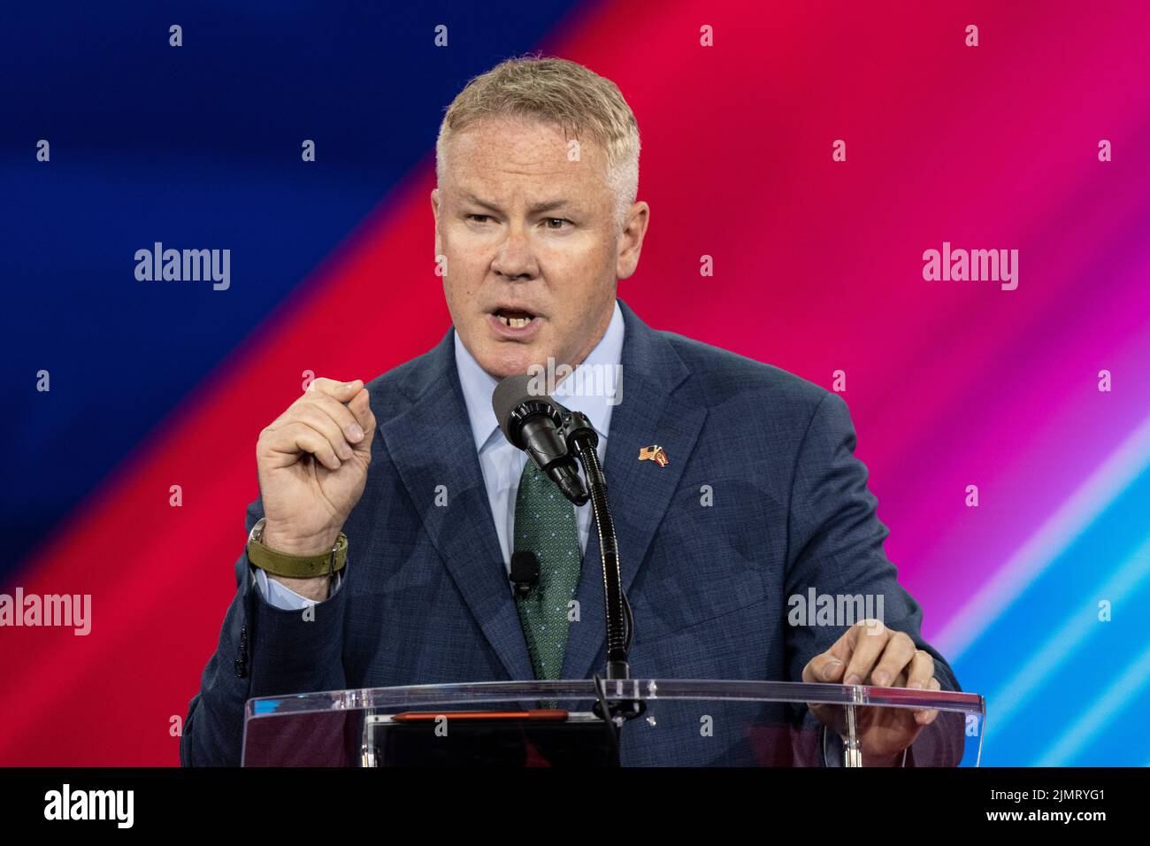 Dallas, TX - August 6, 2022: Congressman Warren Davidson speaks during CPAC Texas 2022 ...