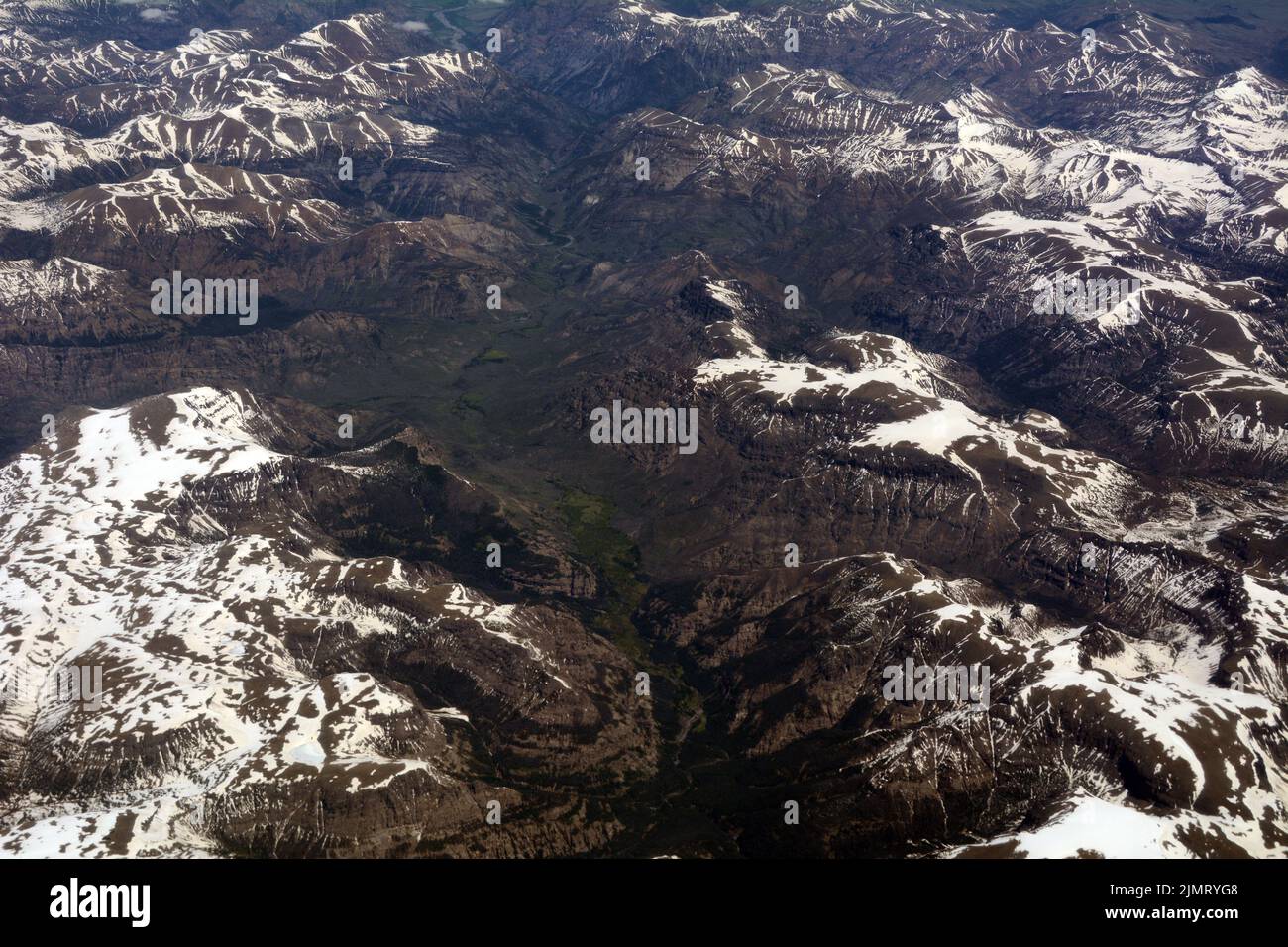 Aerial view of the Shoshone National Forest and the Absaroka Mountains ...