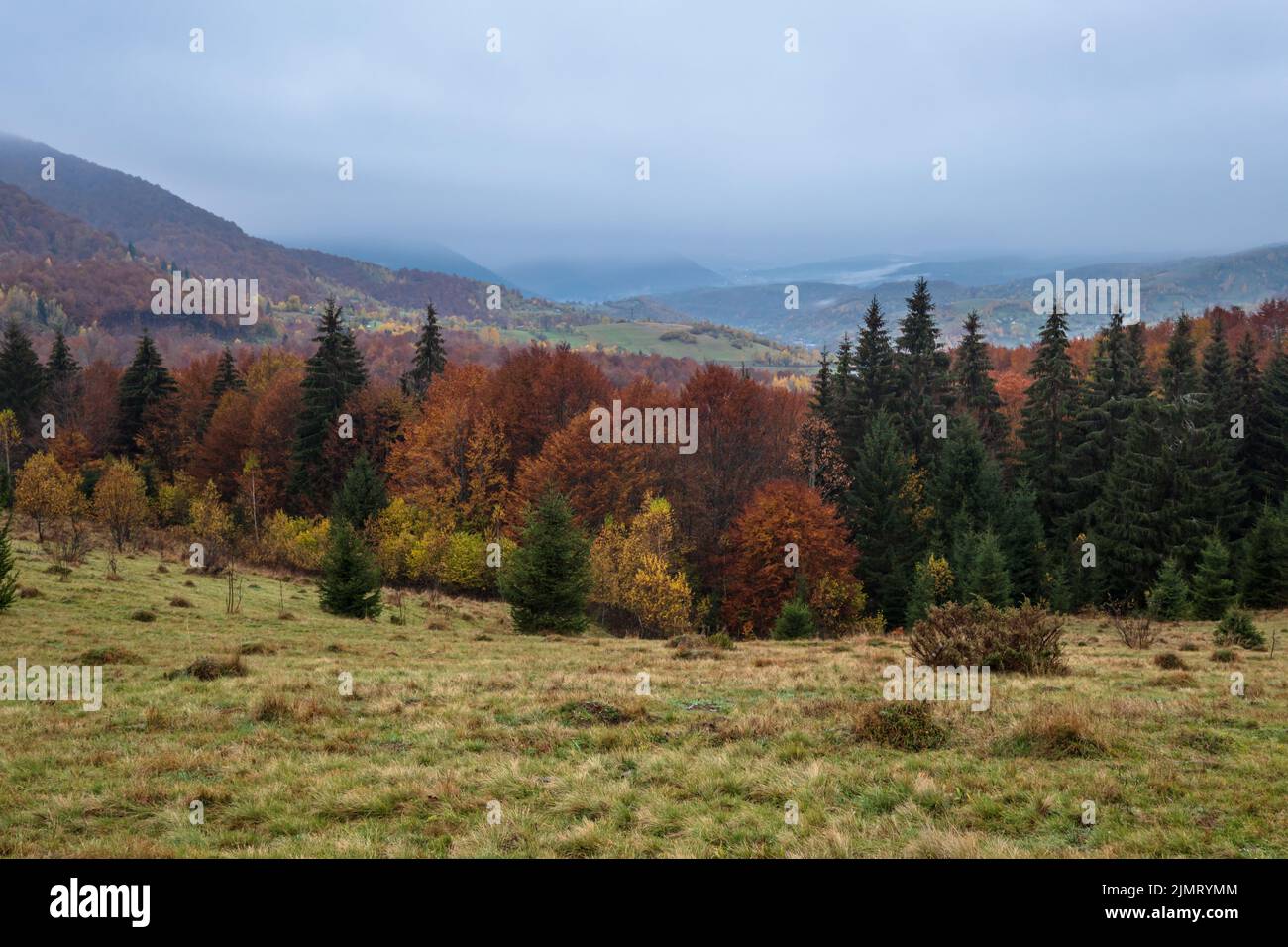 Cloudy and foggy early morning autumn mountains scene. Peaceful ...