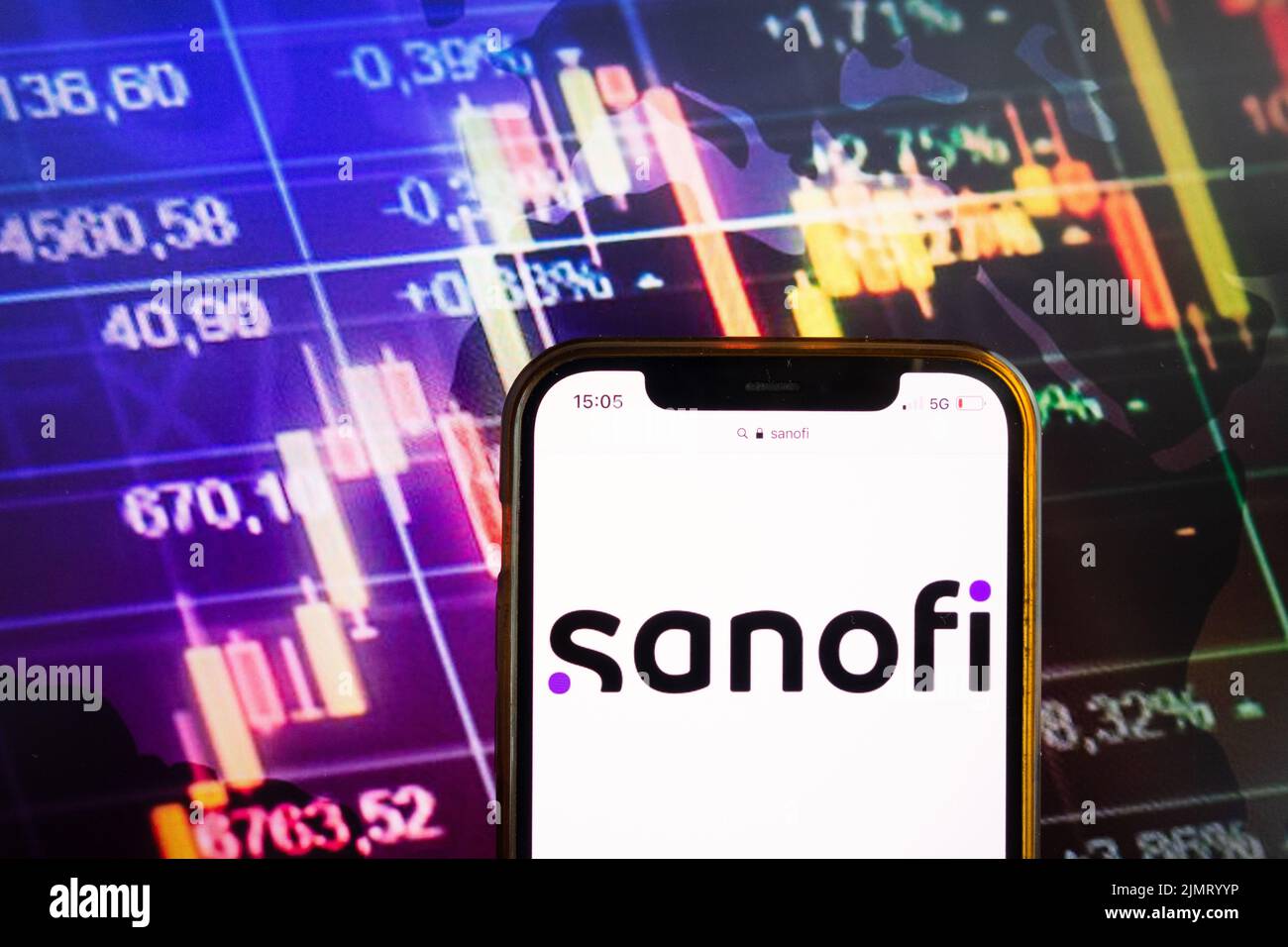 KONSKIE, POLAND - August 07, 2022: Smartphone displaying logo of Sanofi ...