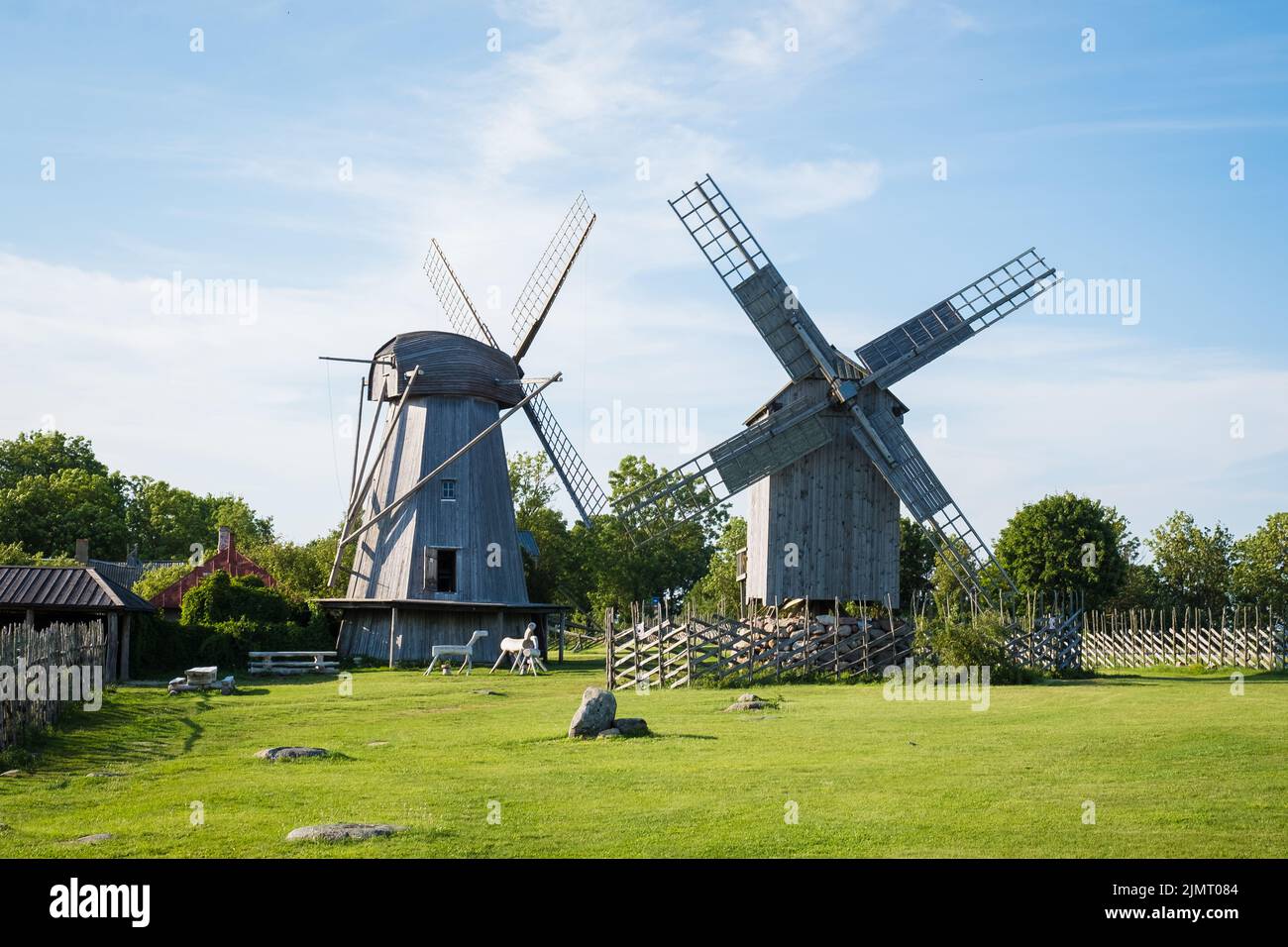 Typical wooden windmills of Estonian countryside. Historical farm ...