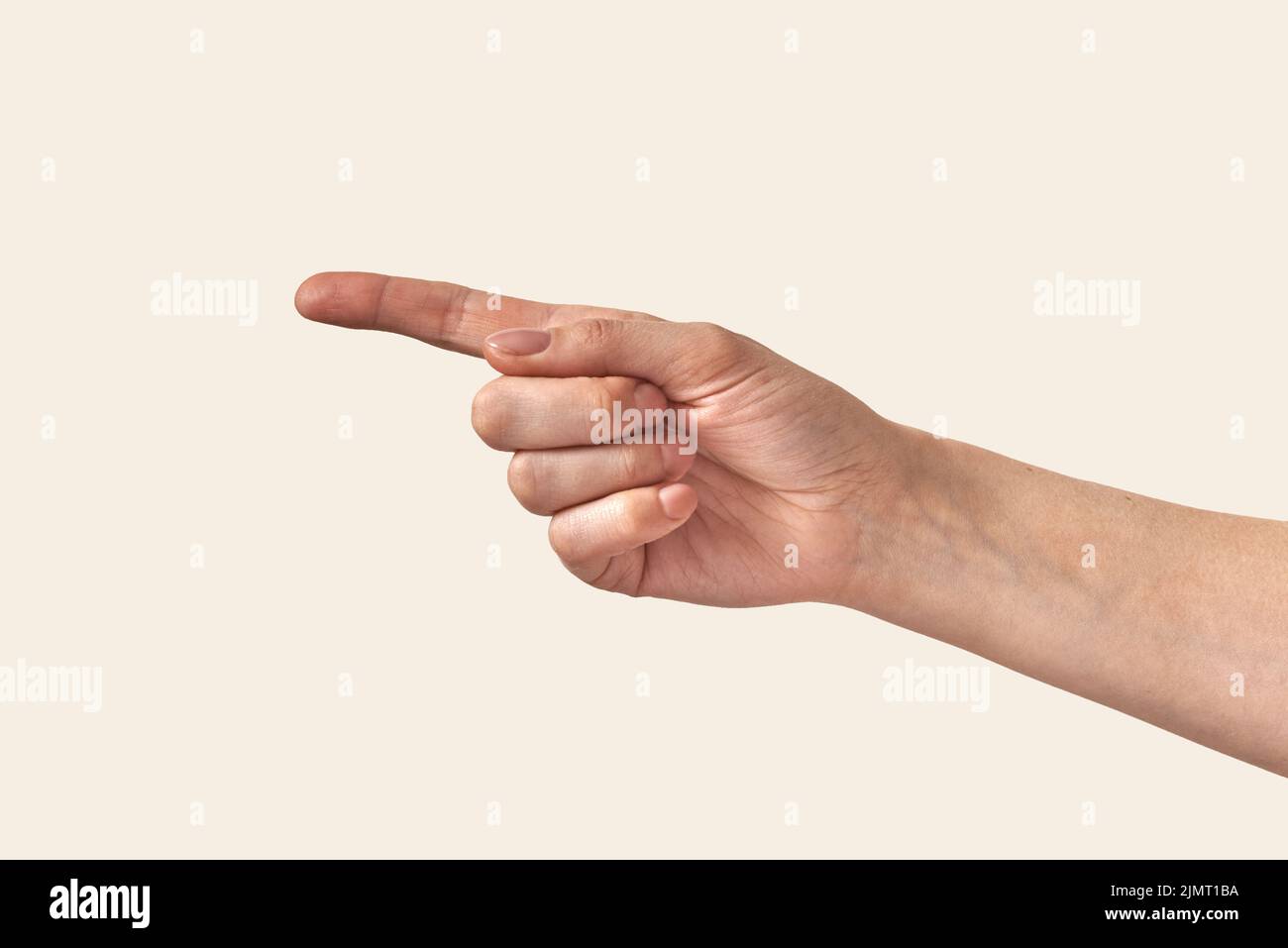 Female hand showing direction finger, arm on white background Stock ...