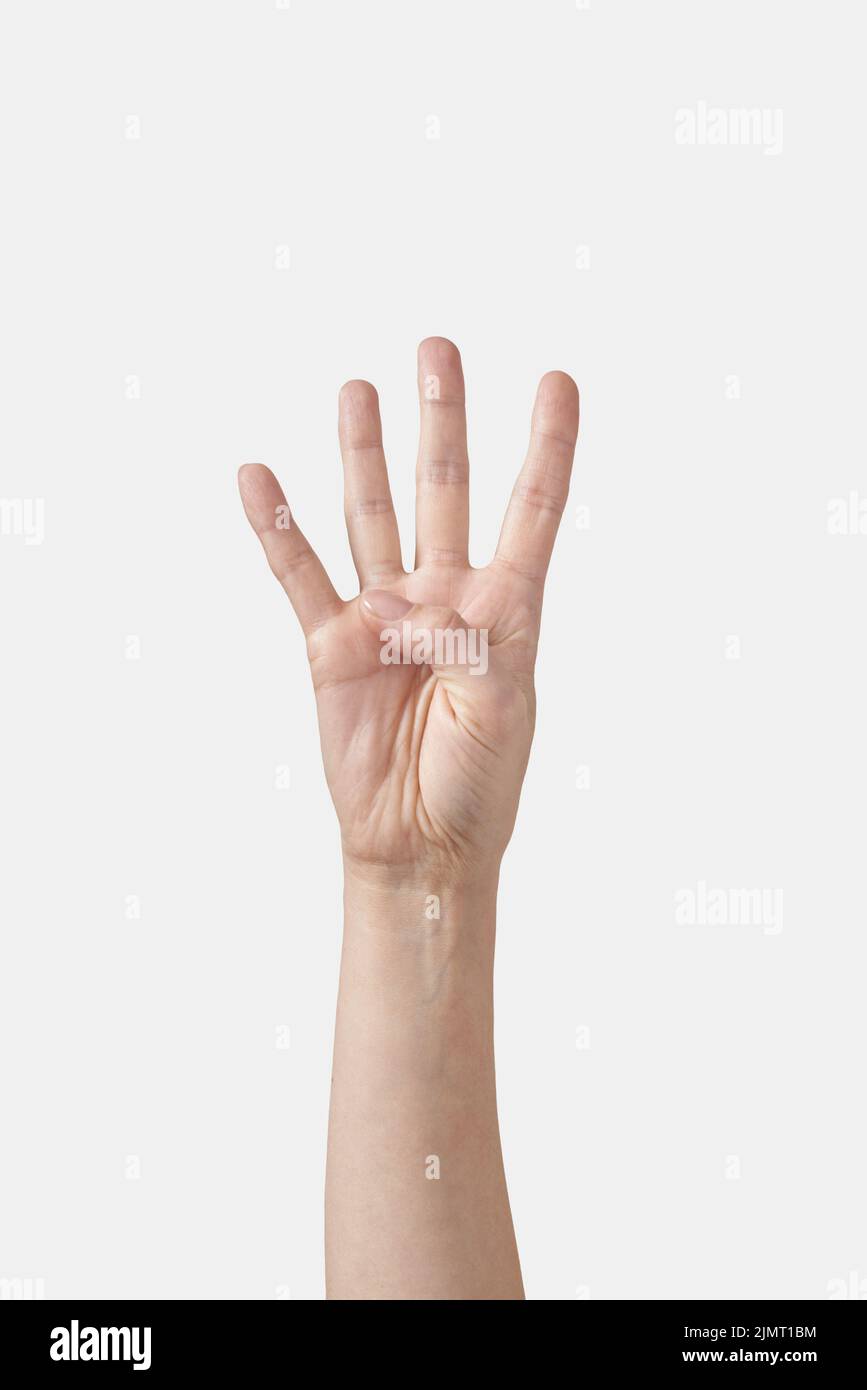 Counting on fingers, number four on white Stock Photo - Alamy