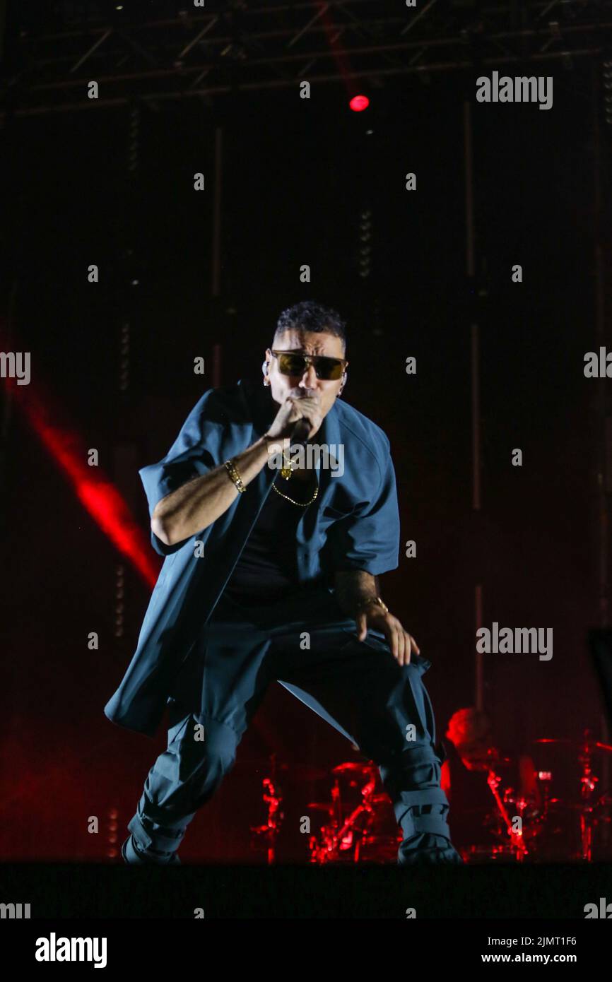 Italian rapper Marracash (Fabio Bartolo Rizzo) in concert on the stage ...