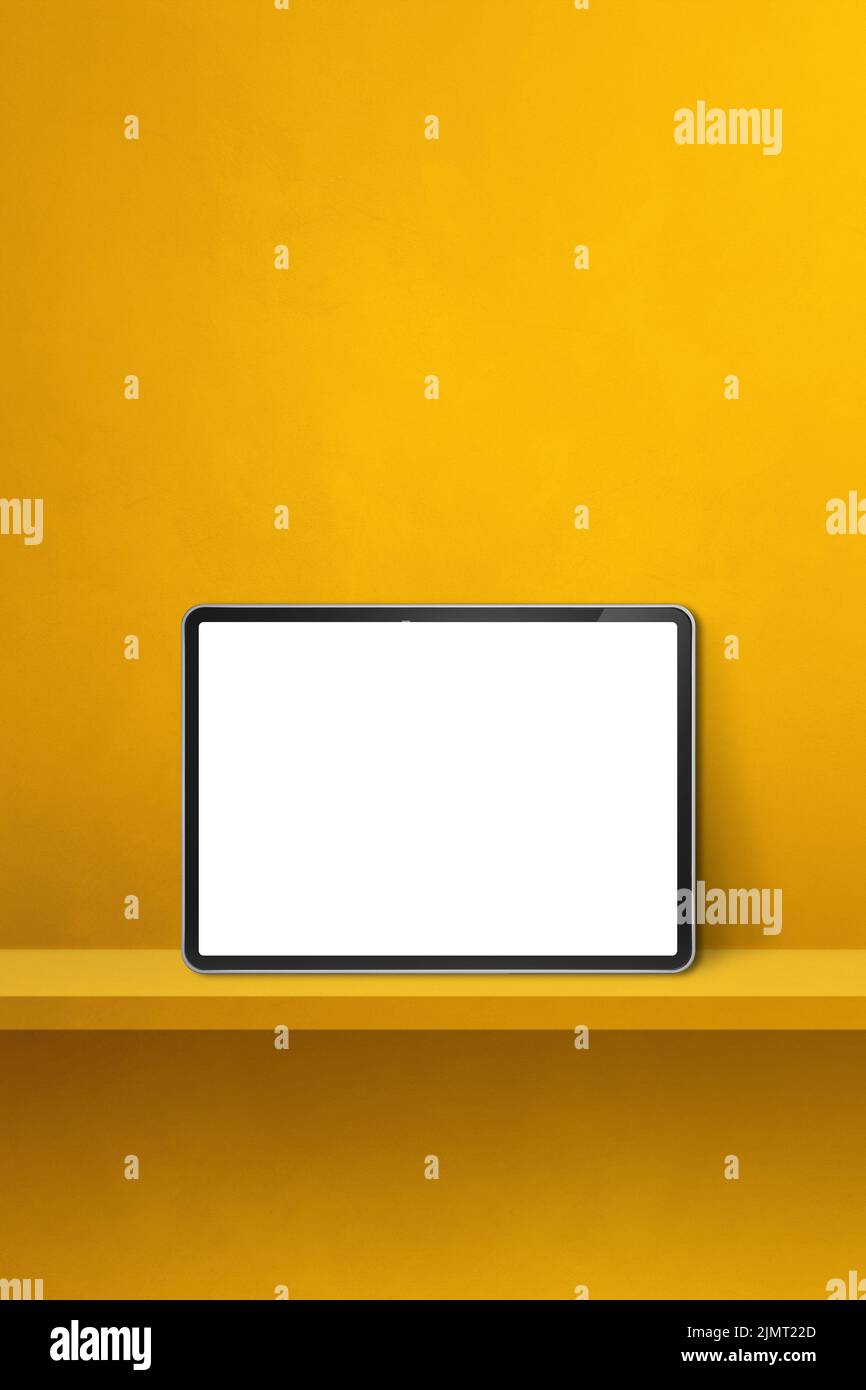 Digital tablet pc on yellow wall shelf. Vertical background banner ...