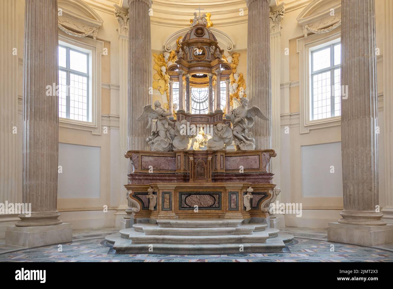 Baroque catholic church altar in Italy. Old interior religious building ...