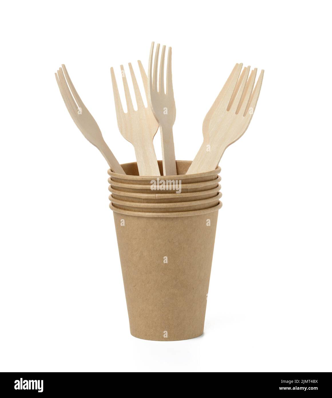 Brown paper cups, wooden fork on a white background. Recyclable garbage ...