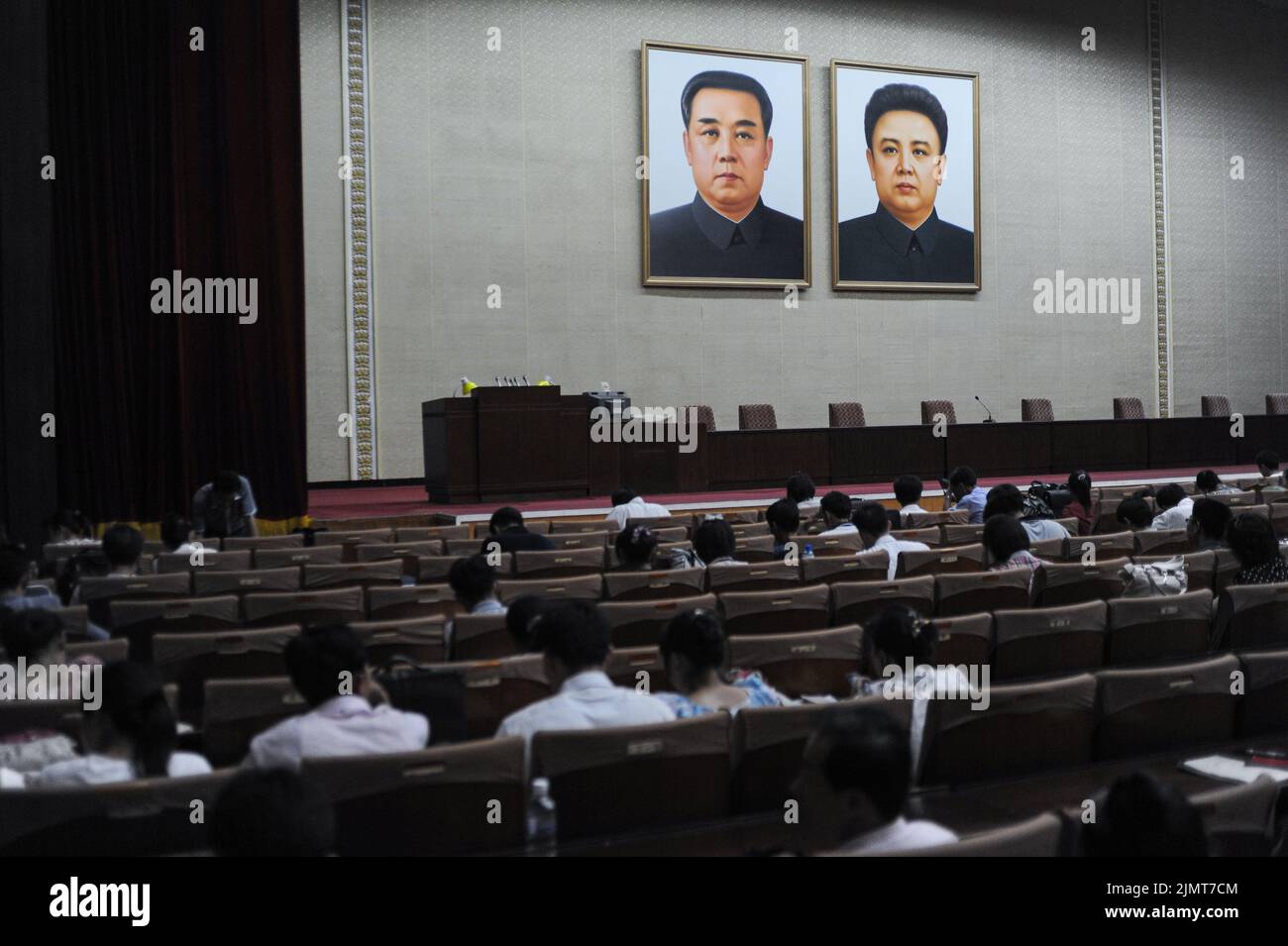 08.08.2012, Pyongyang, North Korea, Asia - Students sit inside an ...
