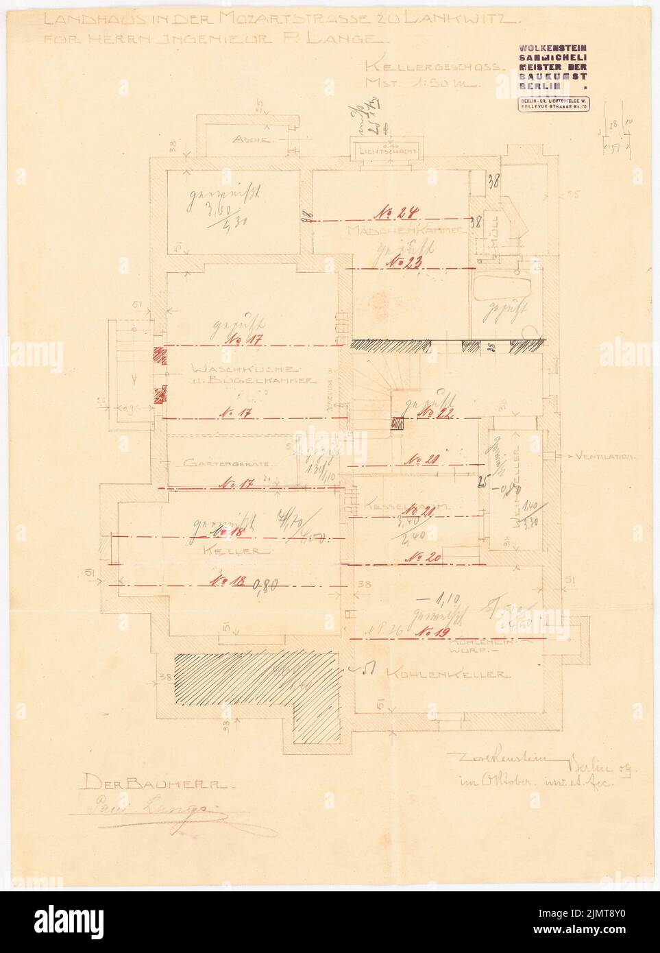 Wolkenstein San Micheli (1873-1910), Landhaus Lange, Berlin-Lankwitz (10.1909): Grundriss ...