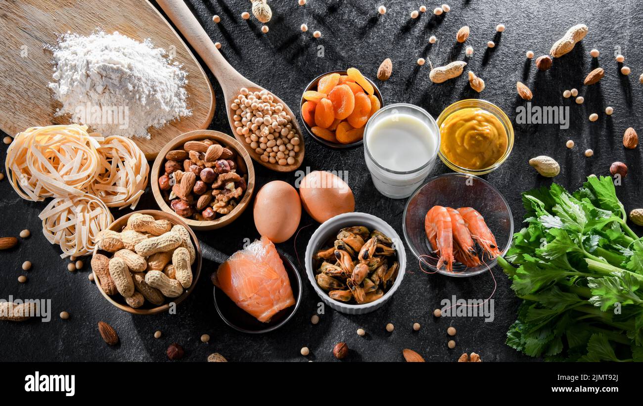 Composition with common food allergens including egg Stock Photo - Alamy
