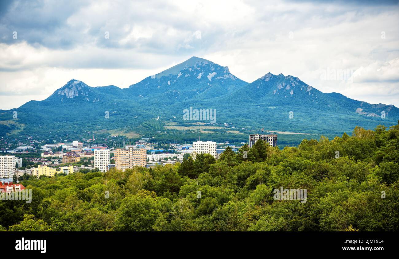 Landscape of Pyatigorsk, view of city on Beshtau Mount background ...