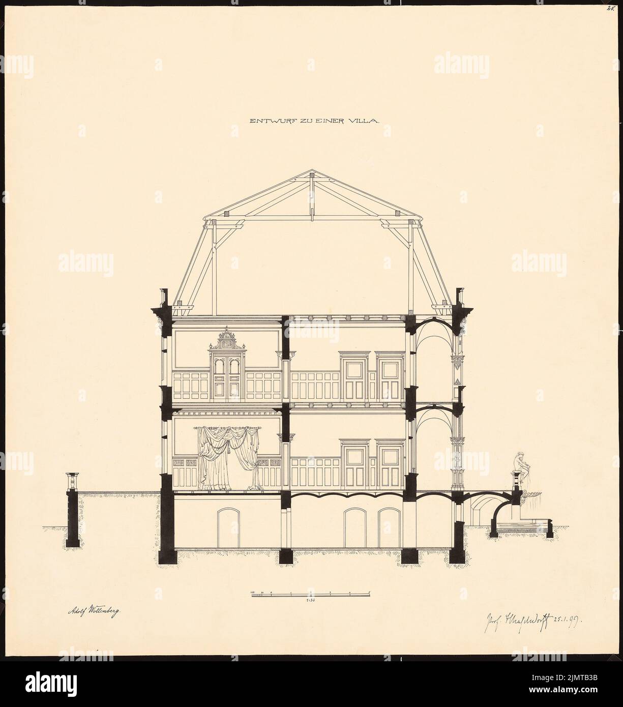 Wollenberg Adolf, Villa (January 25, 1899): cross -section 1:50. Ink on ...