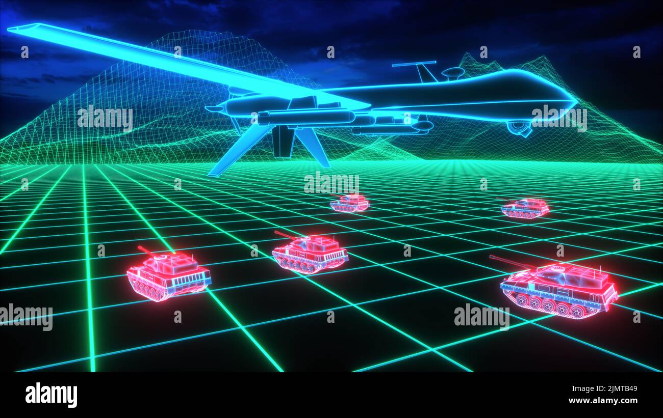 a military drone flies over enemy tanks (3d rendering Stock Photo - Alamy
