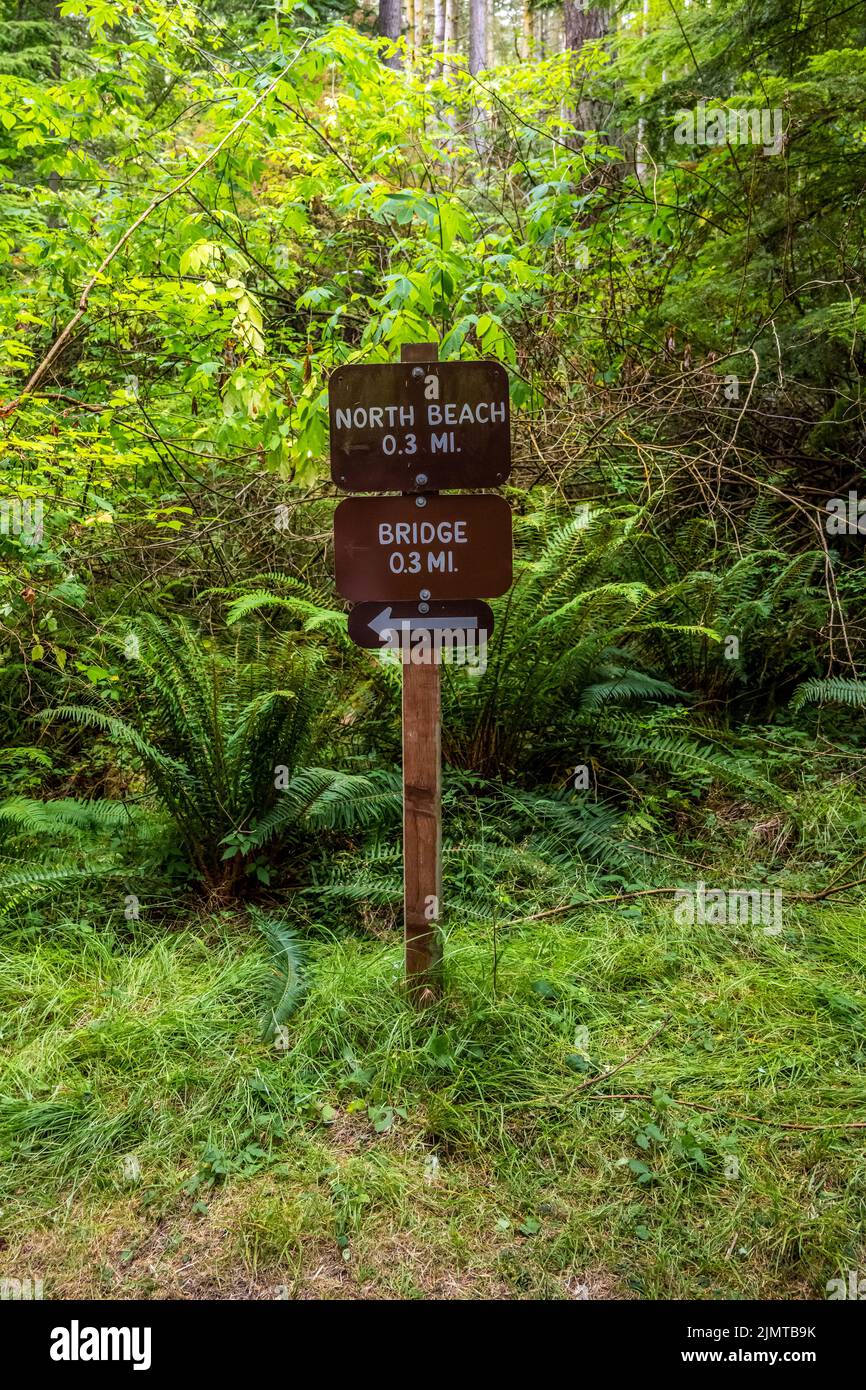 A description board for the trails in Whidbey Island, Washington Stock ...