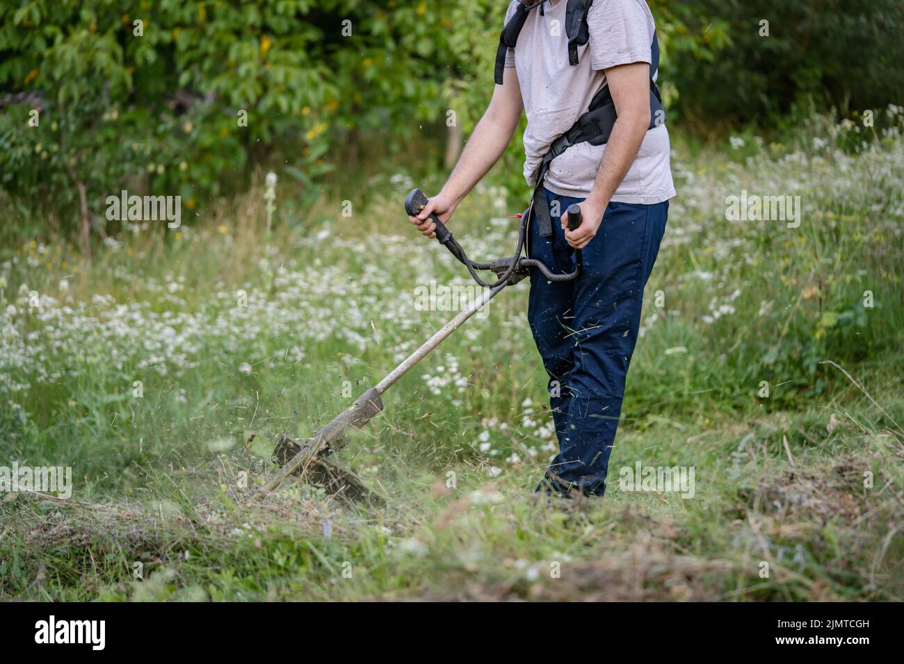 Young caucasian man farmer gardener standing in the field with string ...