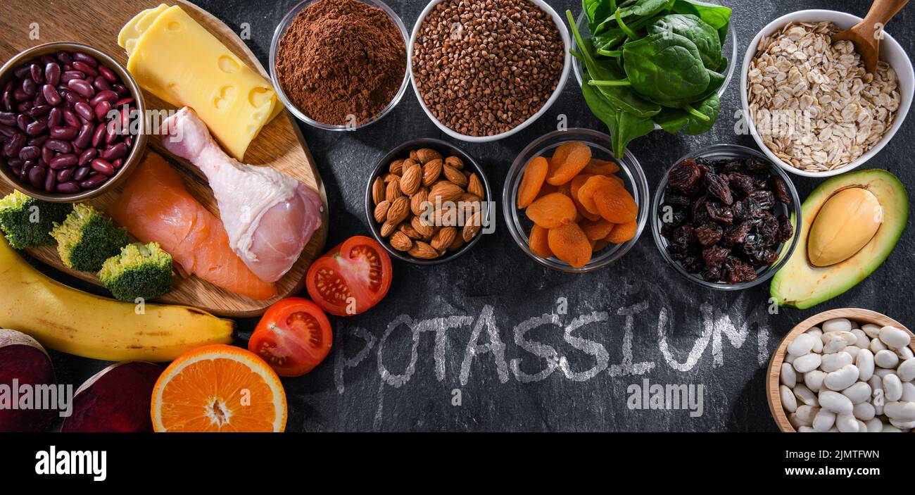 Composition with food products rich in potassium Stock Photo - Alamy
