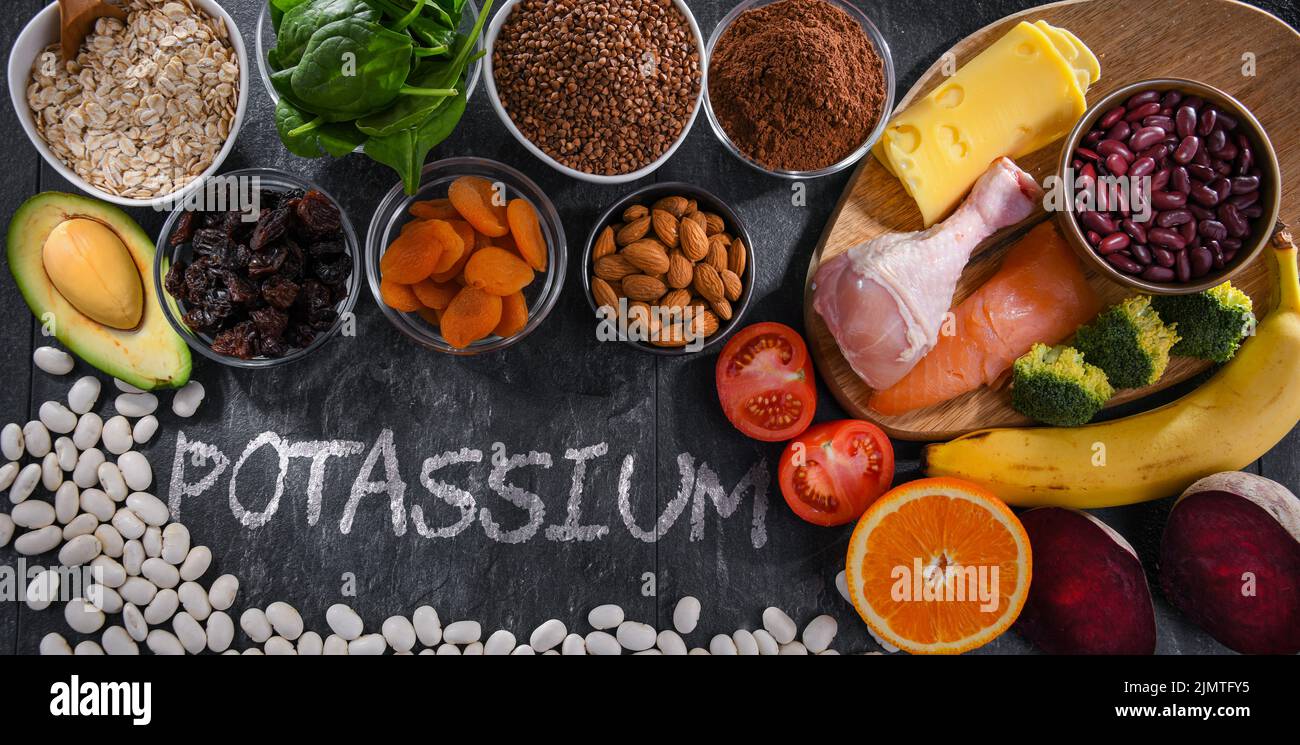 Composition with food products rich in potassium Stock Photo - Alamy