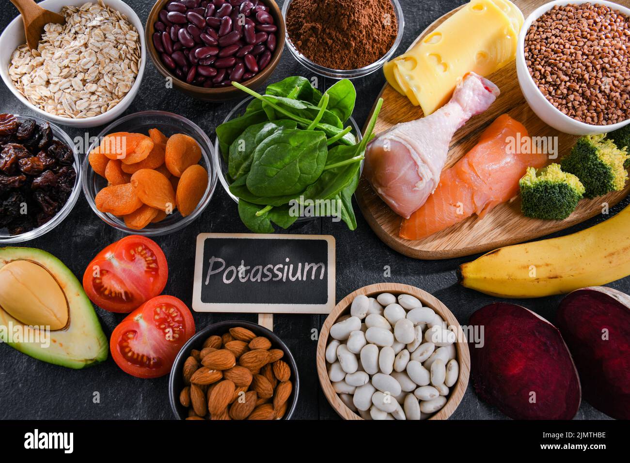 Composition with food products rich in potassium Stock Photo - Alamy