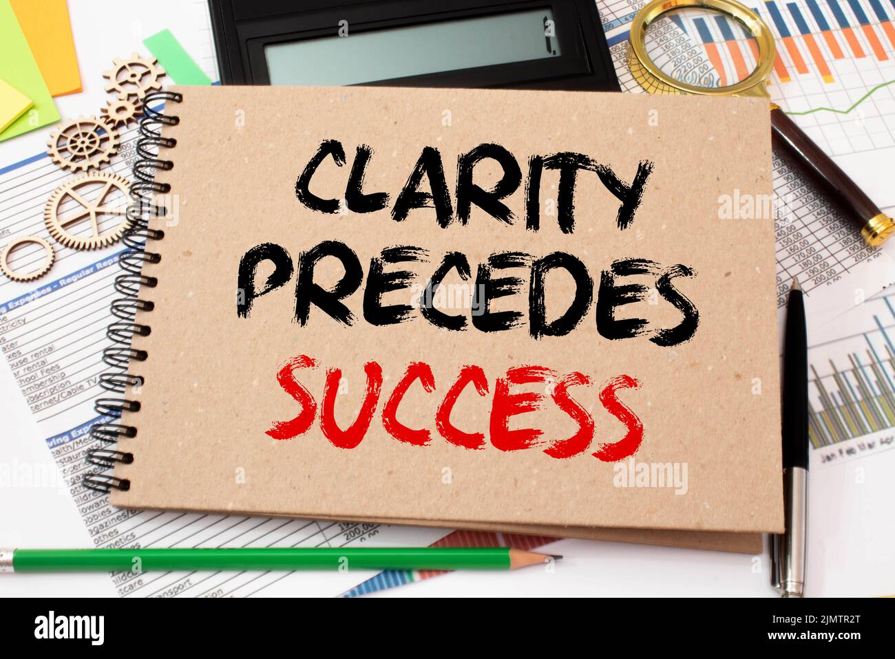 Clarity, Precedes, Success write on sticky notes isolated on office ...