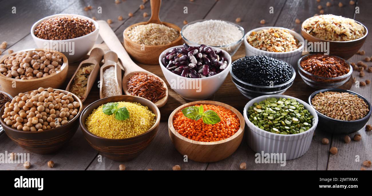Composition with different kinds of dry food products Stock Photo - Alamy
