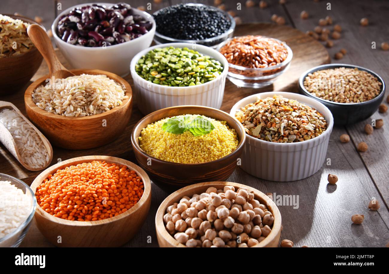 Composition with different kinds of dry food products Stock Photo - Alamy