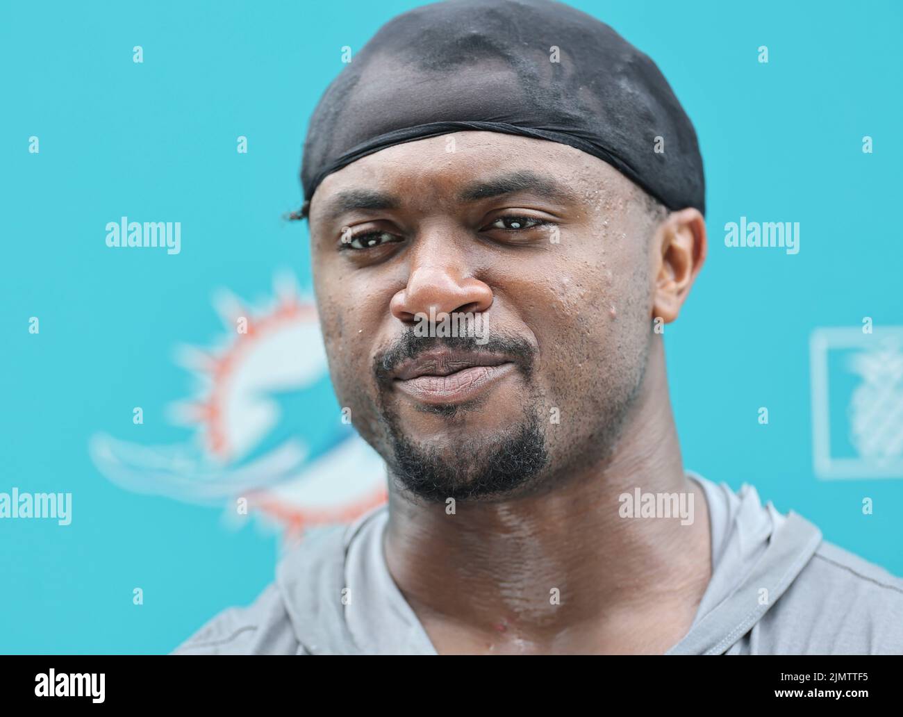 Miami. FL USA; Guard Austin Jackson (73) answered questions at the ...