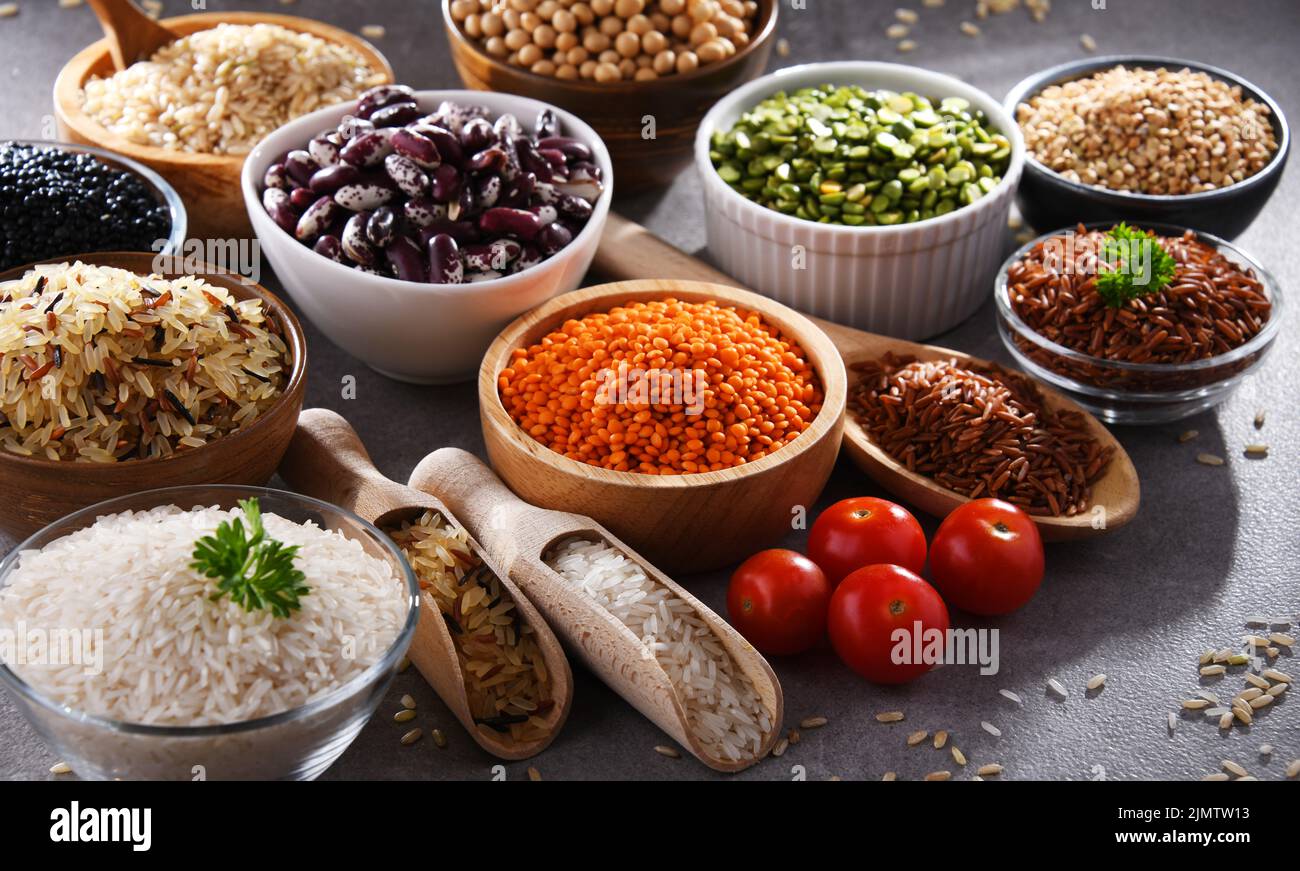 Composition with different kinds of dry food products Stock Photo - Alamy