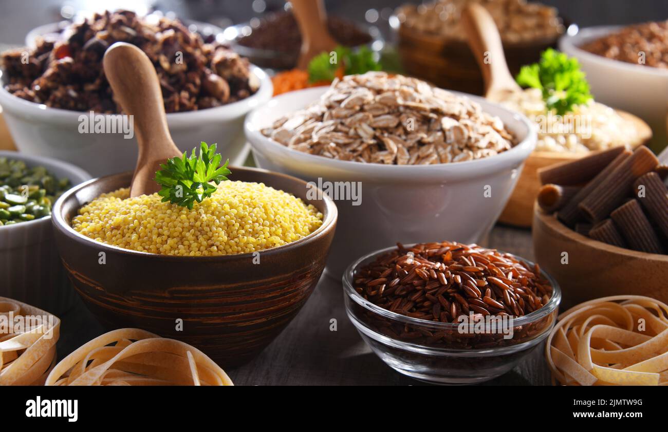 Composition with different kinds of dry food products Stock Photo - Alamy