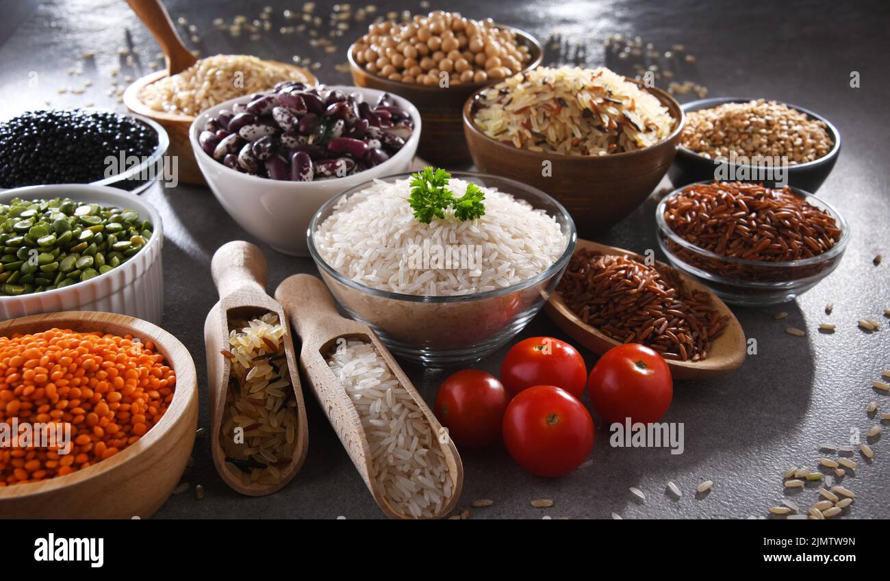 Composition with different kinds of dry food products Stock Photo - Alamy