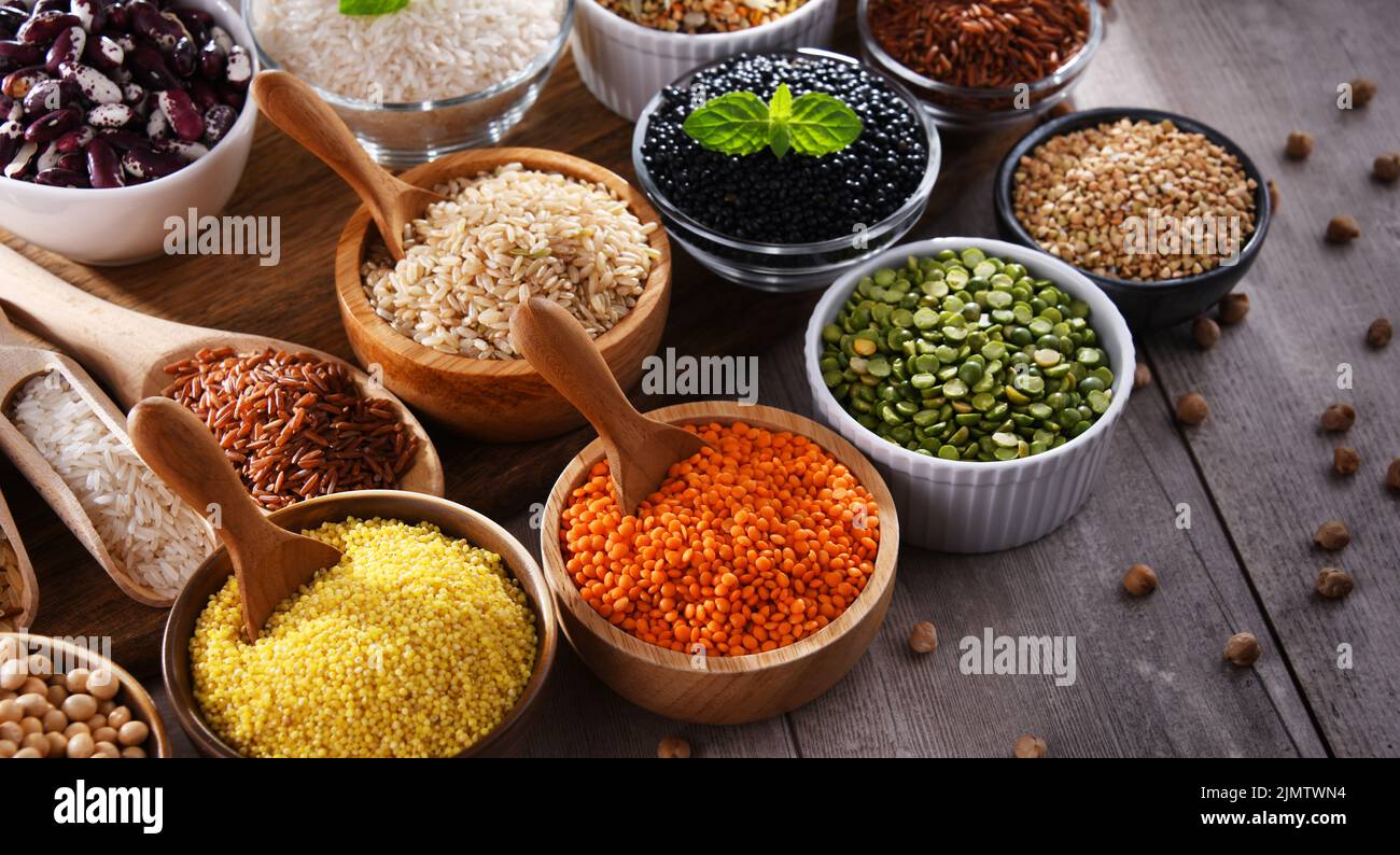 Composition with different kinds of dry food products Stock Photo - Alamy