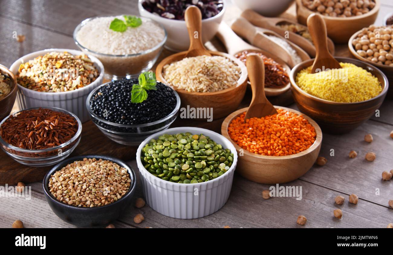 Composition with different kinds of dry food products Stock Photo - Alamy