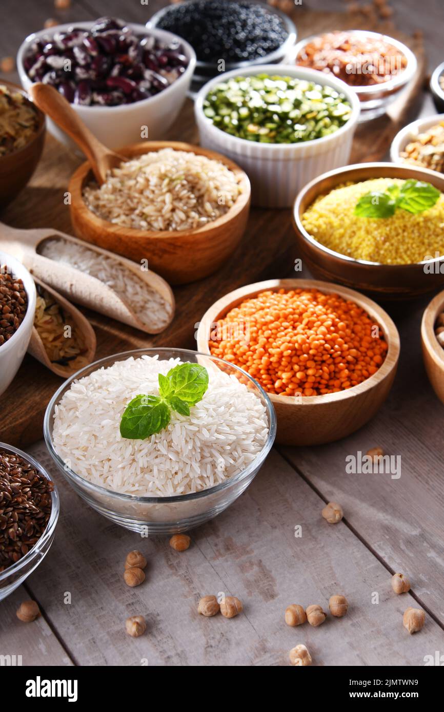 Composition with different kinds of dry food products Stock Photo - Alamy