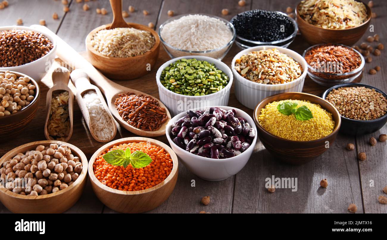 Composition with different kinds of dry food products Stock Photo - Alamy