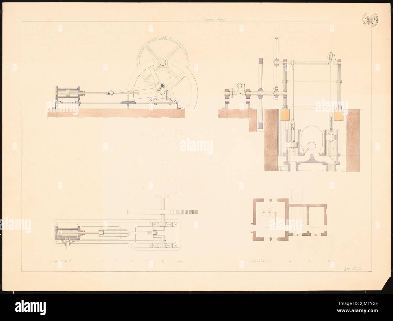 , Steam engine house (October 9, 1858): floor plan, machine details ...