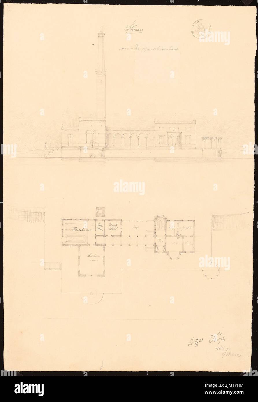 , Steam engine house (11.10.1858): View, floor plan. Pencil on ...