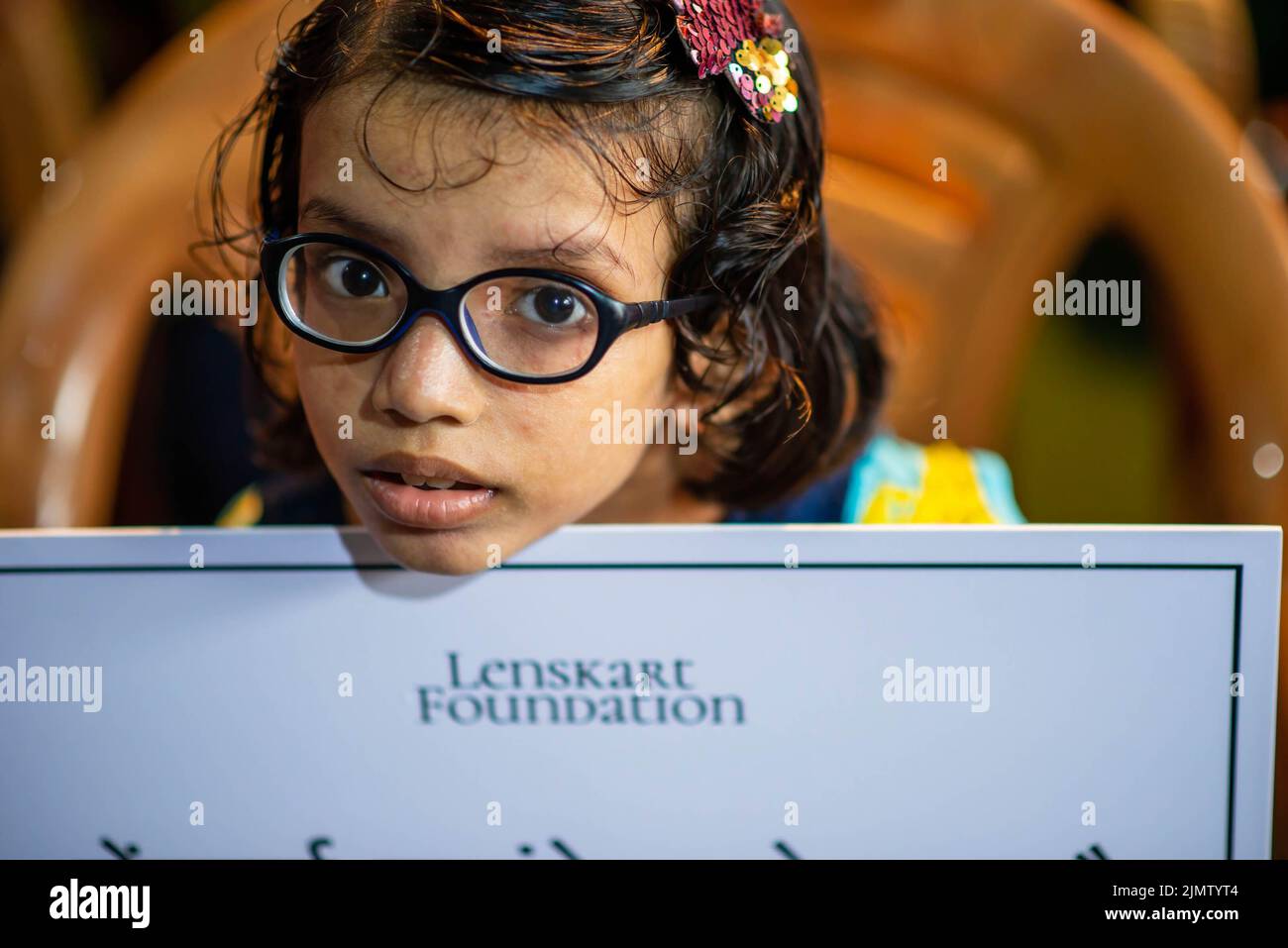 New Delhi, India. 07th Aug, 2022. Child wearing eyeglasses seen during ...