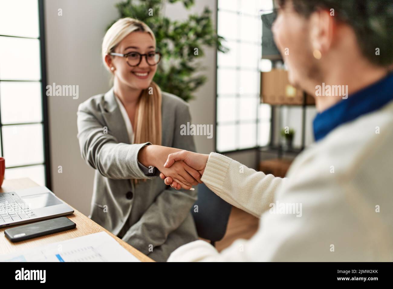 Two business executives shaking hands at the office Stock Photo - Alamy