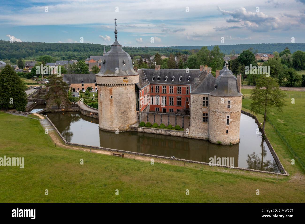 Aerial view of the historic castle of Lavaux-Sainte-Anne in southern ...