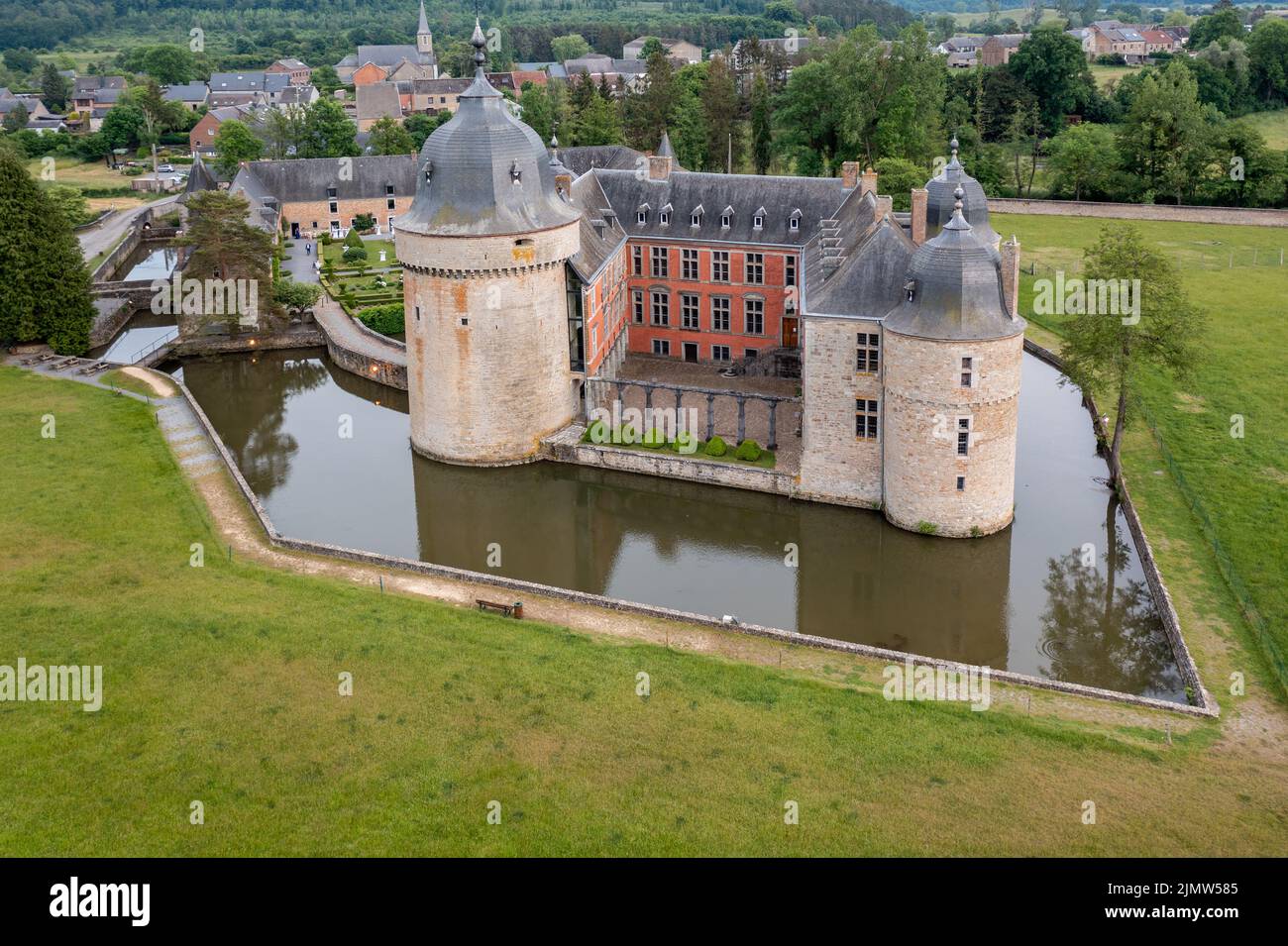 Aerial view of the historic castle of Lavaux-Sainte-Anne in southern ...